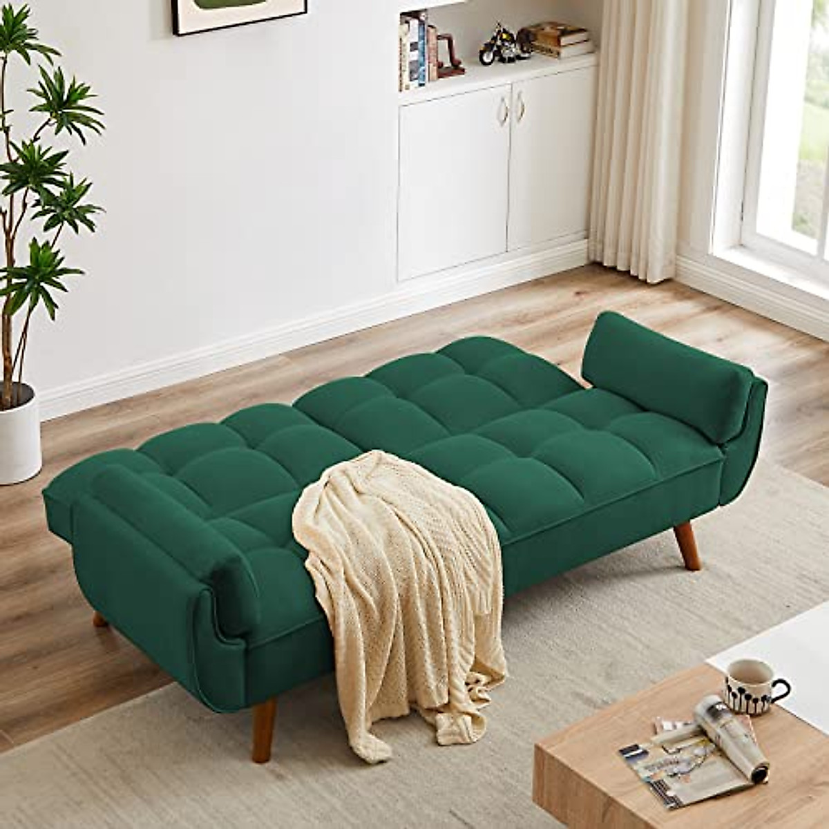 Betoko Convertible Futon Sofa Bed Sleeper Twin Size, Modern Reclining Linen Split Back Sofa Couch with Pillow Top Arm for Compact Living Room,Apartment (Green),(PTARMFUTON)