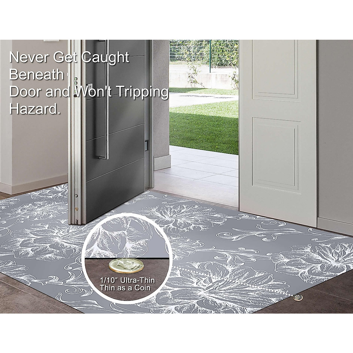 Cosilyt 3×5 Feet Extra Large 1/10" Ultra Thin Front Door Mat Indoor Entryway Area Rug for Inside Entry, Non Slip Washable Rubber Interior Door Mats Entrance Home, Baroque Grey