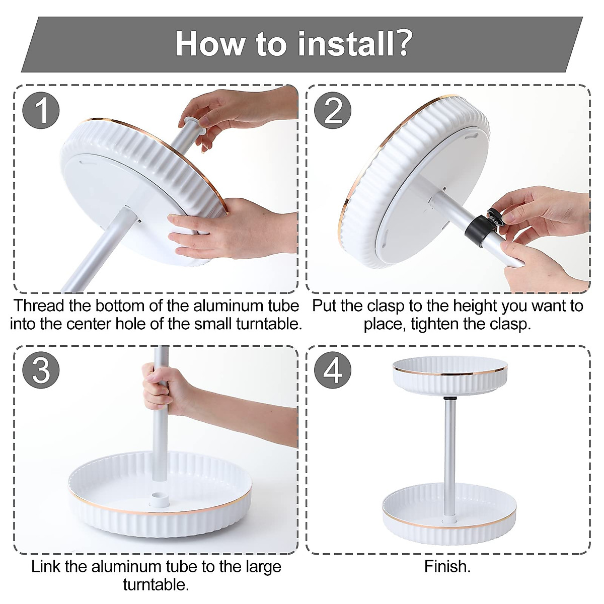 Ceuku Lazy Susan Organizer 2 Tier Turntable Organizer Height Adjustable Rotating Spice Rack for Cabinet, Pantry, Kitchen, Cosmetic Table Non-Skid 12in White