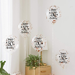 Rose Gold 50th Confetti Latex Balloons, Woman Happy 50 Years Birthday Party Balloon Decoration With Confetti, 12in, 16 Pack