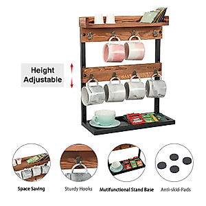 X-cosrack Countertop Coffee Mug Holder Rack 2 Tier Wall Mount Coffee Cup Holder Stand with 8 Hooks and Storage Shelf,Display Organizer Rack for Home Kitchen, Rustic Brown