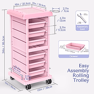 TASALON Salon Trolley Cart for Salon Station - Space Saving Salon Rolling Cart for Extra Storage - Hair Salon Beauty Cart - 6-Tray Salon Cart - Multipurpose Tool Cart - Tattoo Tray- Pink