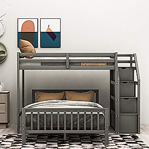 BOVZA Twin Over Full Bunk Bed with Stairs, Twin Size Loft Bed with Storage Staircase & Full Platform Bed, Wooden Bunk Beds for Kids Teens Adults, Gray