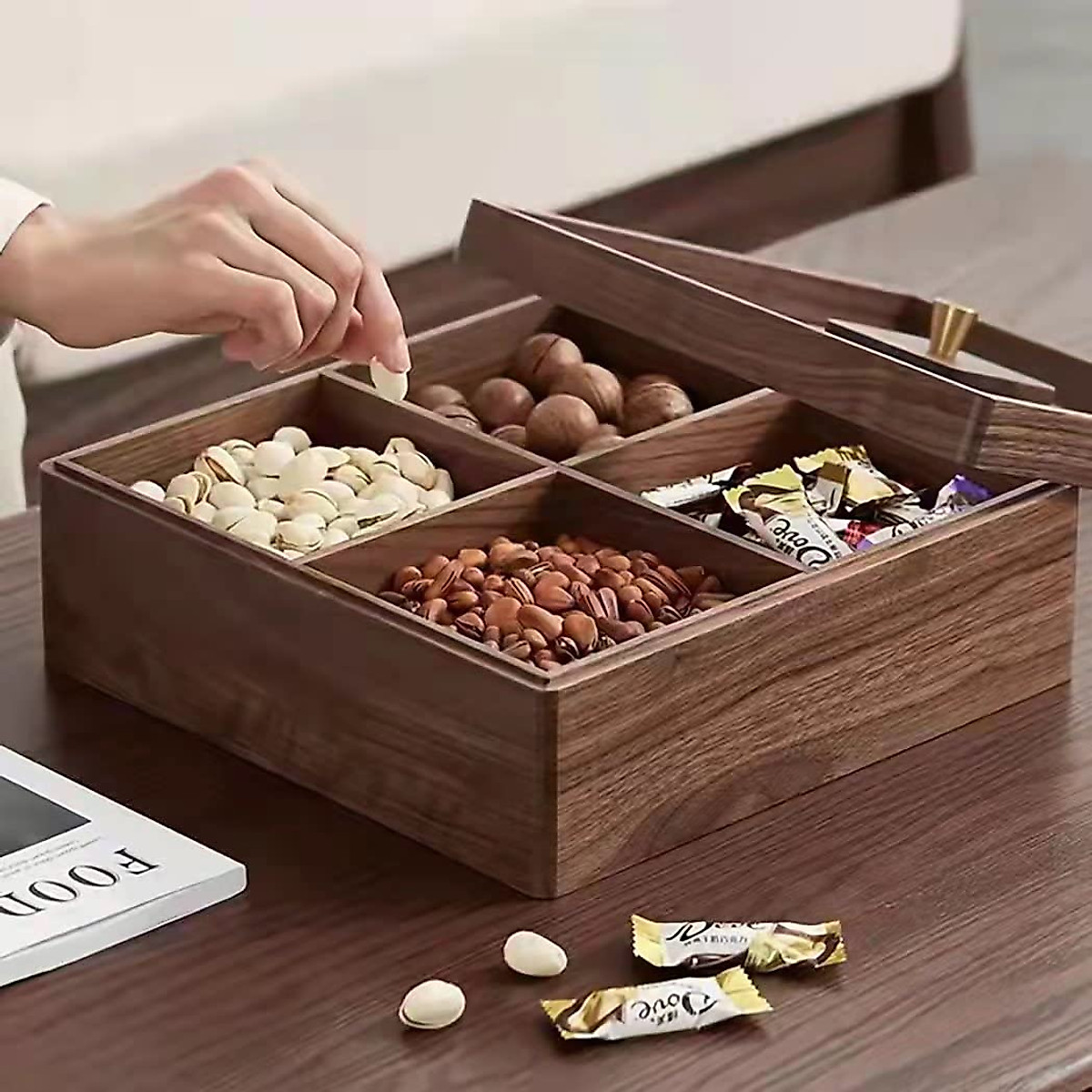 Show Box Solid Black Walnut Wood Snack Storage Container Collectable Box Case for Candy and Nuts with Glass Lid Cover Top, 4 Compartments S