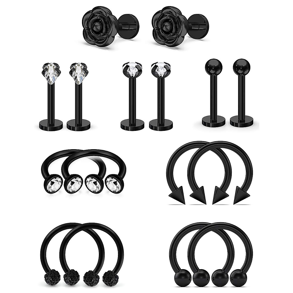 Lcolyoli 16Pcs 16G Surgical Steel Lip Rings Diamond CZ Monroe Labret Studs Tragus Horseshoe Ring Helix Hoop Earring Body Jewelry Piercing for Women Men Black Spike Rose Flower