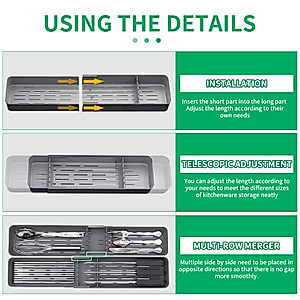 AEARY Kitchen Drawer Silverware Organizer, Adjustable Cutlery Organizer, Expandable Utensils Holder, Silverware Dividers Tray, Storage for Flatware, Large Drain Board (Gray,2 Sets)