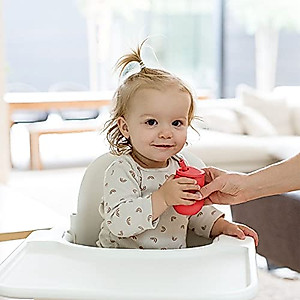 ez pz Mini Collection Set (Coral) - 100% Silicone Cup + Straw, Fork, Spoon & Mini Mat Suction Plate with Built-in Placemat for Infants + Toddlers - First Foods + Self-Feeding - 12 Months+