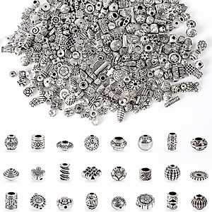 UPINS 300Pcs Silver Spacer Beads for Jewelry Making Bracelet Necklace Crafts Silver Beads Metal Alloy Beads Loose Spacer Beads with Radom Styles for DIY