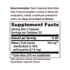 Nature's Way Premium Extract Bilberry 36% Anthocyanins 160 mg Potency 60 Vcaps
