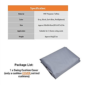 Oumefar Outdoor Swing Chair Cushion 3-seat Chair Cushion Replacement Swing Seat Cover for Patio Garden Yard(Gray)