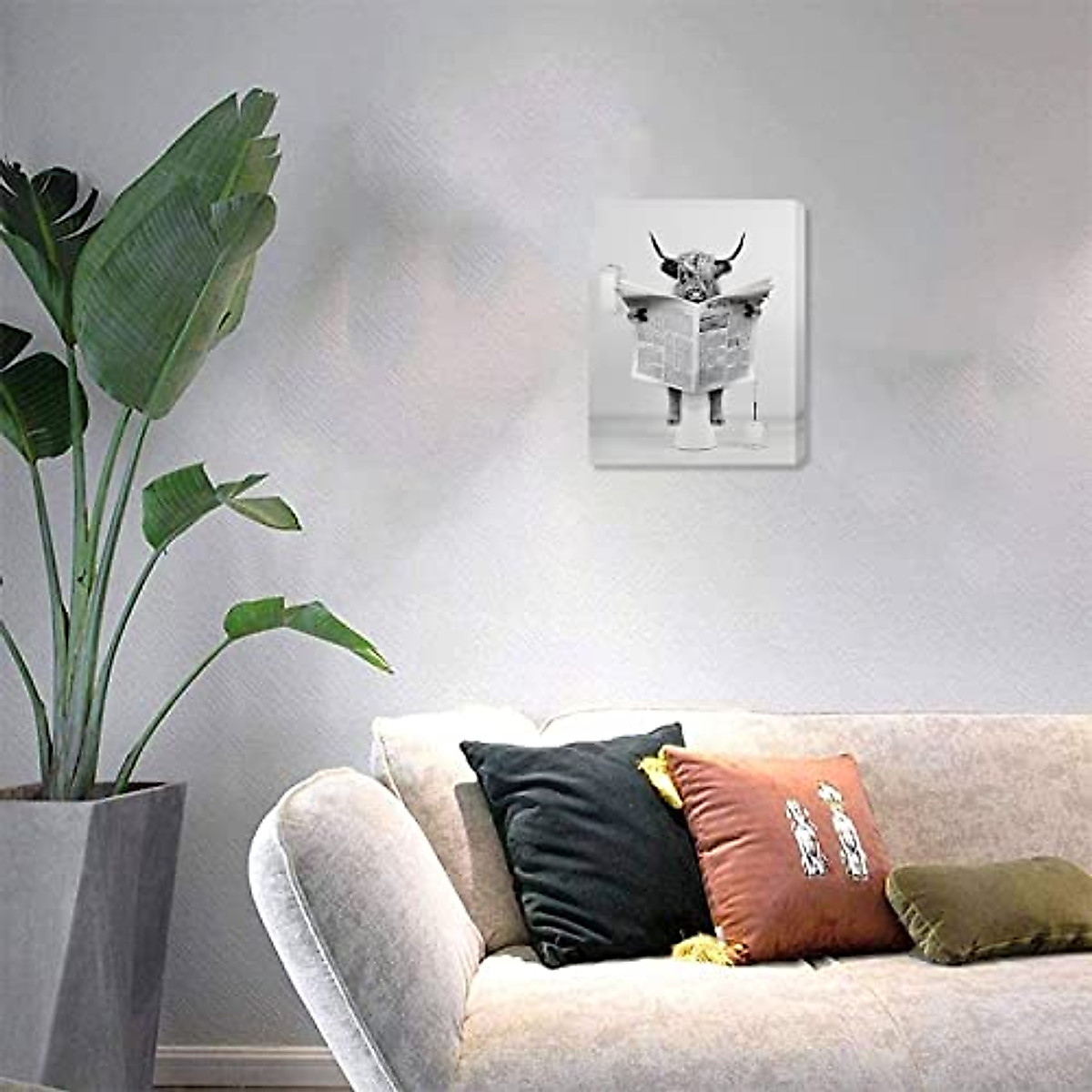 Funny Highland Cow Wall Art in Bathtub, Black and White Canvas Cow In Bathroom Picture, Humor Animals Bathroom Artwork Prints Rustic Farmhouse Style Wall Decor Ready To Hang for Living Room, Bathroom, Bedroom, Kids Bathroom Decor (12"x16", Framed)