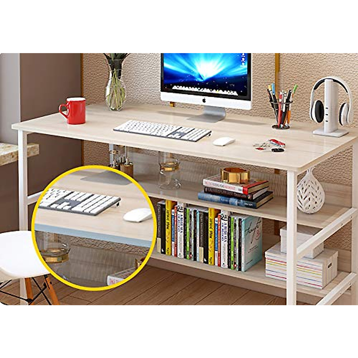 TOPYL 39inch Computer Desk with Bookshelf,Modern Sturdy Writing Desk - Family Workstation with 2 Tier Shelves,Simple Style Desk for Home Office
