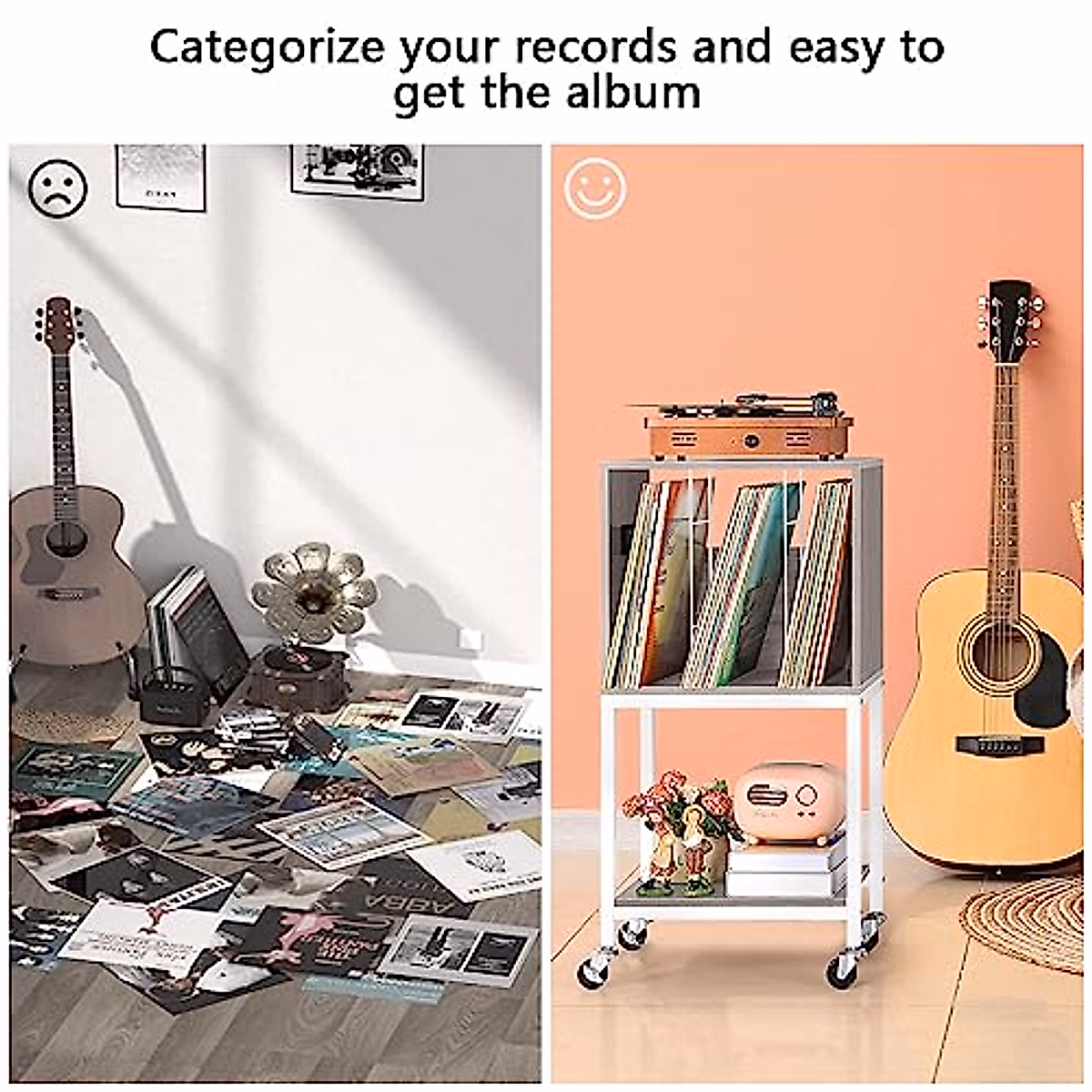 Melos Record Player Table with 3-Tier Vinyl Record Storage Cabinet, Turntable Stand, End Table, Nightstand for Living Room, Bedroom, Office (White)