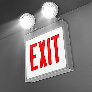 LFI Lights | Chicago Approved Combo Red Exit Sign with Emergency Lights (No Arrow) | Steel Housing | All LED | Two Adjustable Round Heads | Hardwired with Battery Backup | UL Listed | CHCO-NA