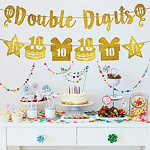 Excelloon Double Digits 10th Birthday Party Decorations - Double Digits Banner with Cake Gift Star Decorations - Gold Glitter Happy 10 Year Old Birthday Banner Decorations Supplies for Boys & Girls