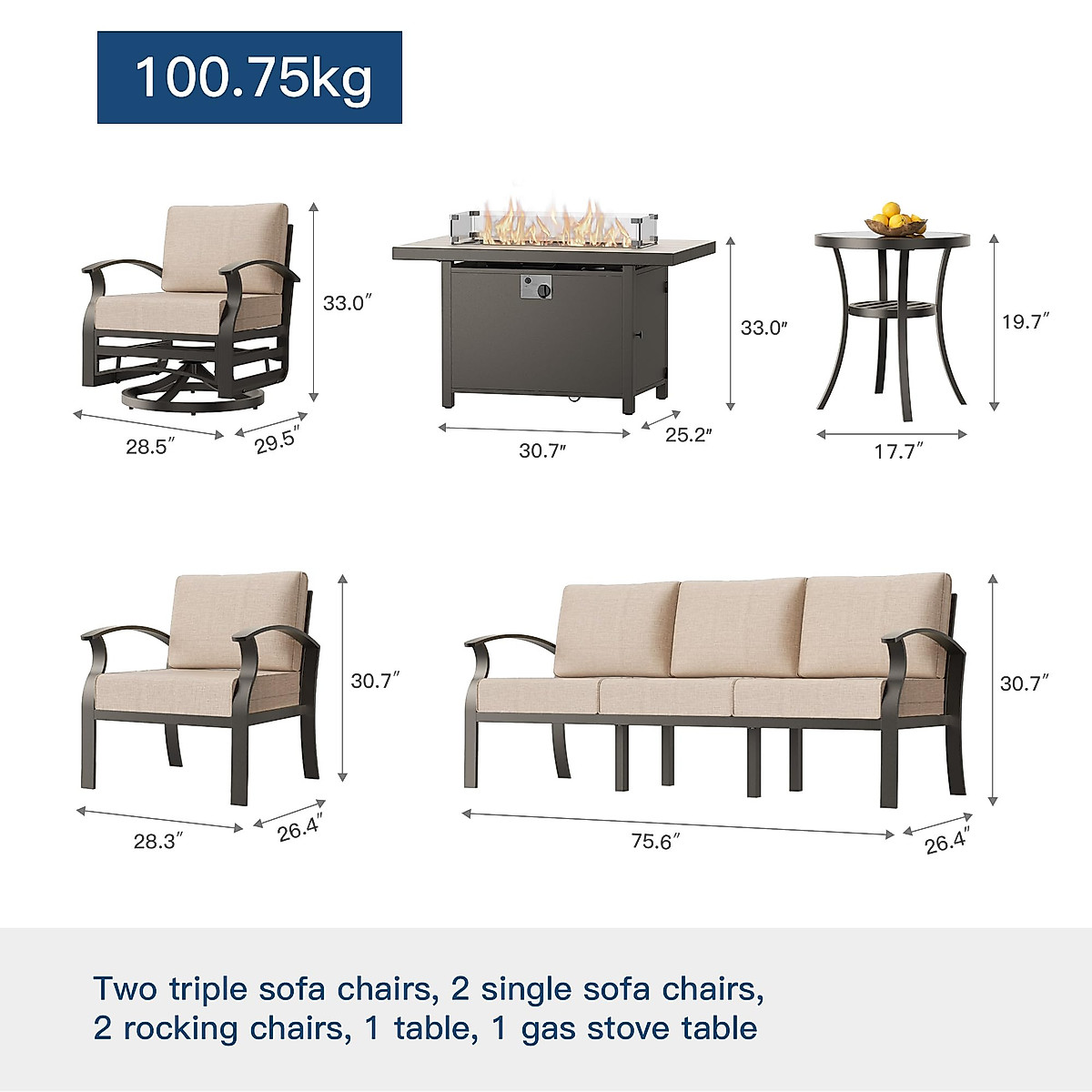 Kullavik Aluminum Patio Furniture Set,8 Pieces 10 Seat Metal Outdoor Furniture Conversation Set w/45 Propane Gas Fire Pit&Swivels,Sand