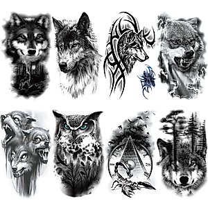 Realistic Wolf Tattoo Temporary For Adult Men, Large Half Sleeve Black Forest Wolf Fake Tattoo Tribal Adult Teen Women, Animal Owl Scorpion Big Temp Tatoo Sticker Arm Chest Body Art Makeup, 8-Sheet