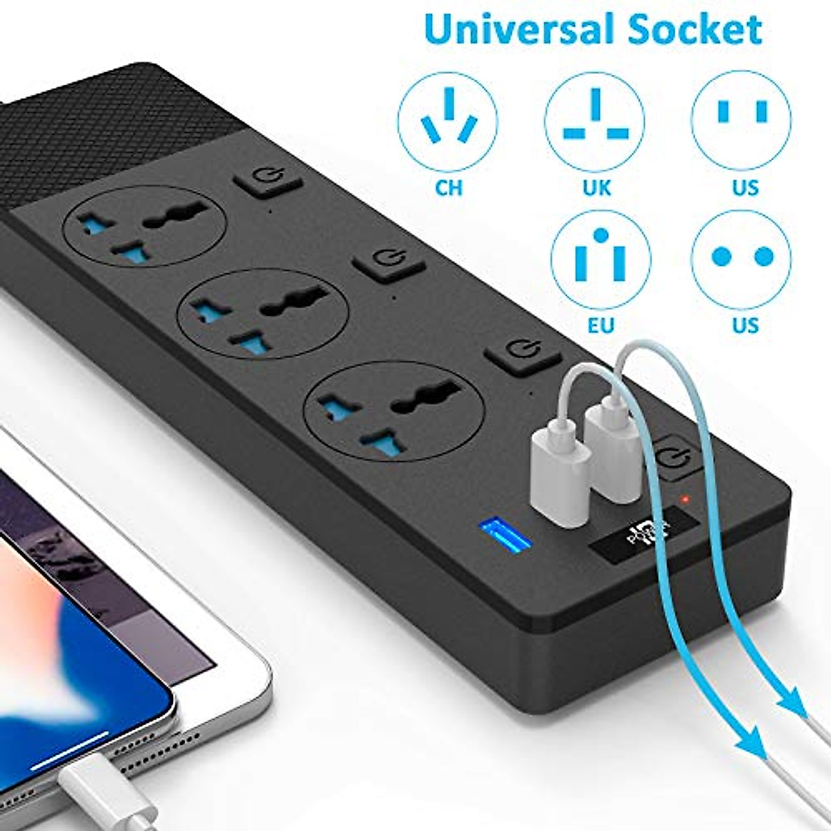 Power Strip with USB Ports, Extension Cord with Multiple Outlets, 110V-240V Cruise Ship Universal Power Strip with Individual Switches, 3000W/16A, Wall Mount Power Strip for Home Office