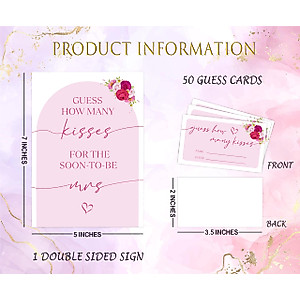Pink Floral Bridal Shower Game, Guess How Many Kisses For The Soon To Be Mrs, Pack of 1 Sign and 50 Guessing Cards, Modern Bridal Shower Decorations, Wedding Shower Supplies - 01