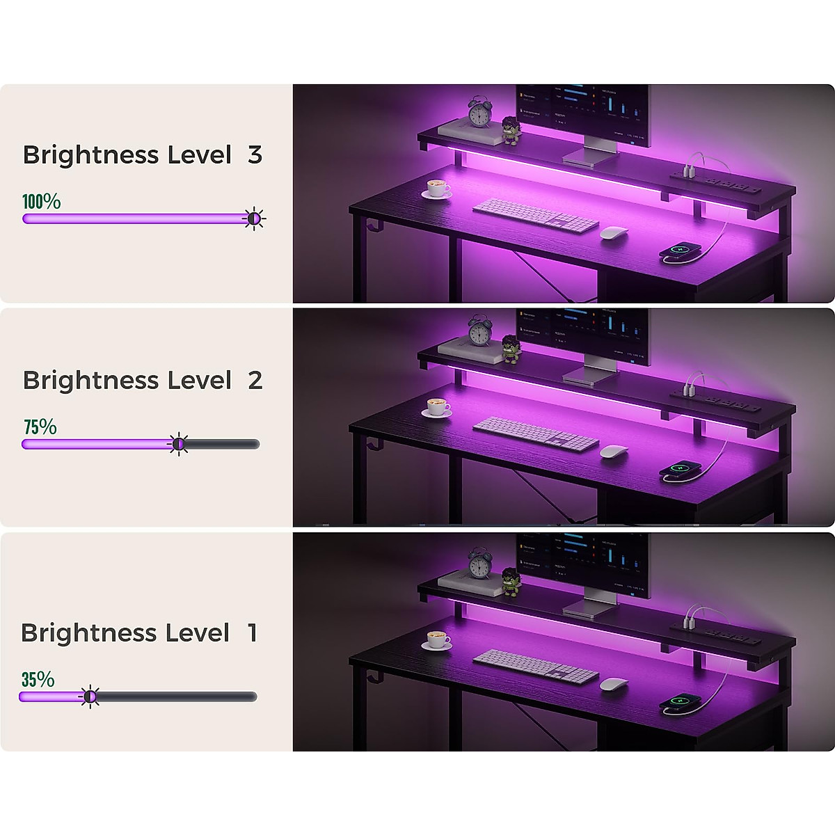 AODK Gaming Desk with LED Lights & Power Outlet, 40 Inch Computer Desk with Drawer, Reversible Desk with Adjustable Monitor Shelf & Headphone Hook for Home Office, Black