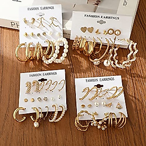 36 Pairs Gold Earrings Set for Women, Fashion Pearl Chain Link Stud Drop Dangle Earrings Multipack Hoop Earring Packs, Hypoallergenic Earrings for Birthday Party Jewelry