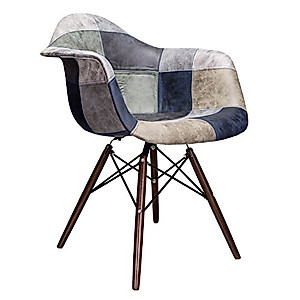 CozyBlock Mooku Blue & Gray Patchwork Leatherette Fabric Upholstered DAW Dining Accent Arm Chair with Dark Walnut Leg