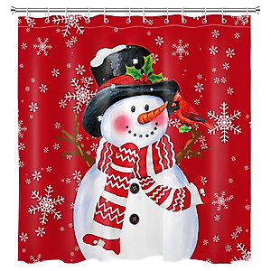 LB Funny Snowman Shower Curtain for Bathroom, Christmas Cardinal with Snowflake on Red Fabric Shower Curtain with Hooks, Winter New Year Holiday Bathroom Curtain Shower Set, 72" W x 72" L