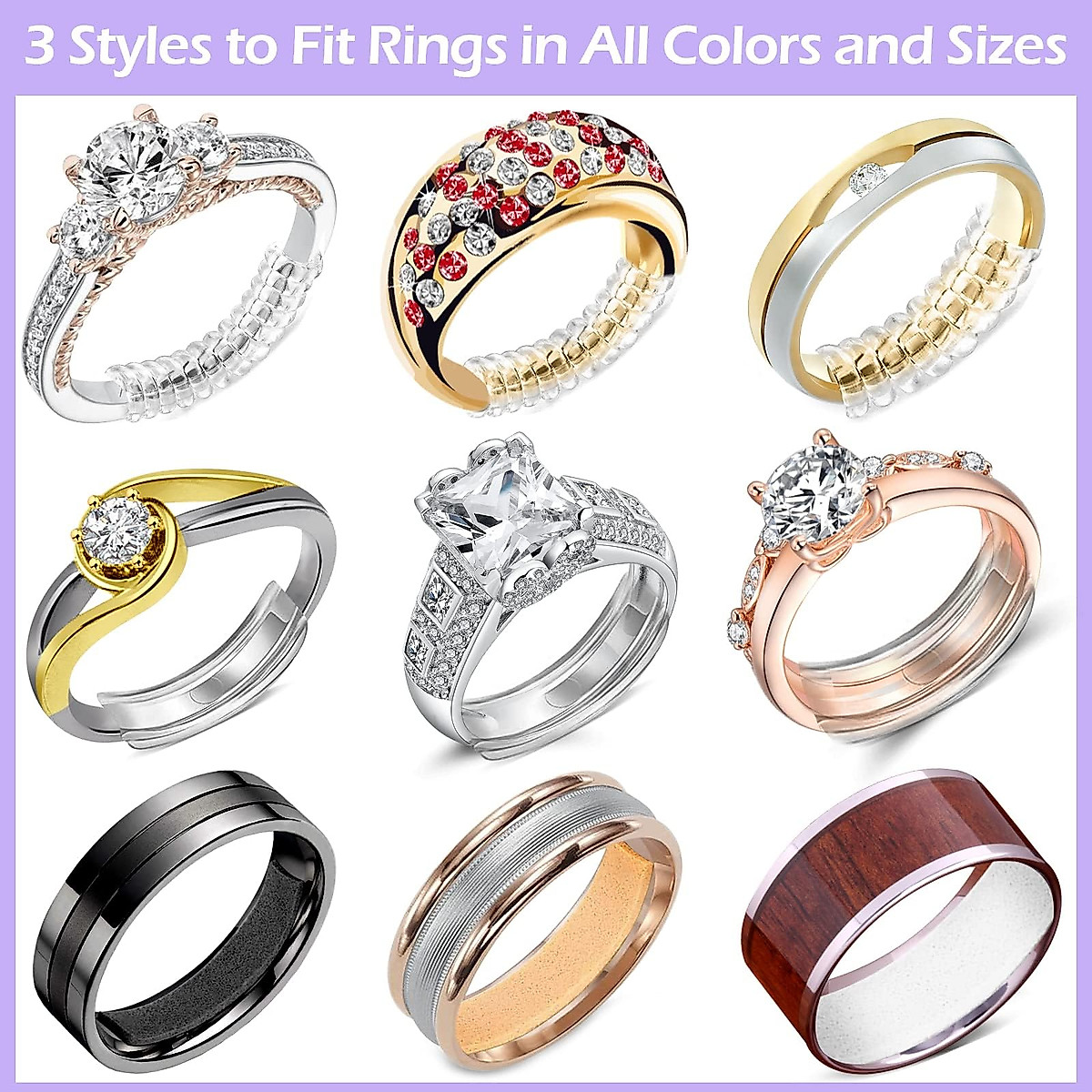 100 Pcs Ring Size Adjuster with Ring Size Measuring Tool for Loose Rings, Plug-in Invisible Ring Spiral Silicone Tightener EVA Foam Ring Size Adjuster Set with Polishing Cloth Fit Any Rings Sizes.