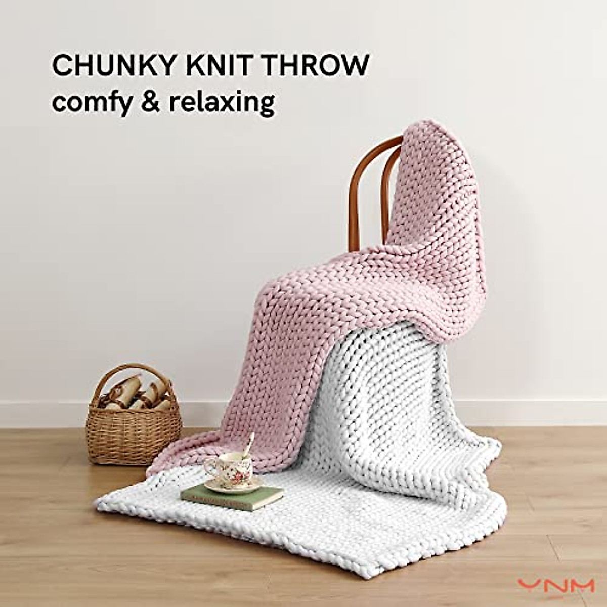 YnM Chunky Throw Blanket, Medium-Weight, Hand Knitted, Skin Friendly, Ventilated and Breathable, Machine Washable, Home Décor Piece for Couch, Sofa and Bed (White, 40x50 Inch)
