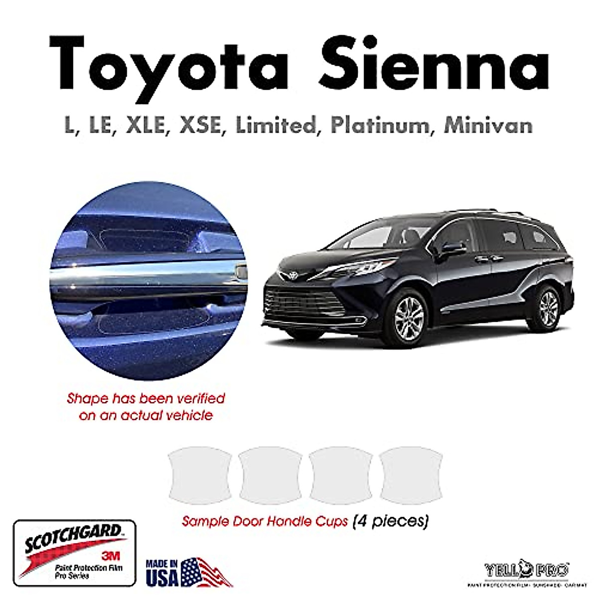 YelloPro Custom Fit Door Handle Cup 3M Scotchgard Anti Scratch Clear Paint Protector Film Cover Self Healing PPF Guard Kit for 2021 2022 2023 Toyota Sienna Mini Van