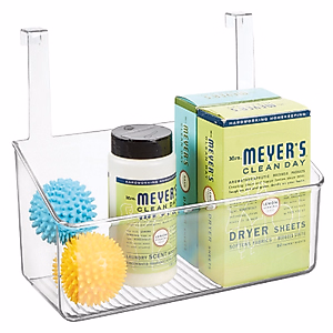 mDesign Plastic Over Cabinet Door Storage Organizer Bin for Kitchen, Pantry, Bathroom, Laundry, Utility Room - Hang Outside or Inside Door - Holds Lunch Bags, Shampoo, Cleaning Supplies, Large - Clear