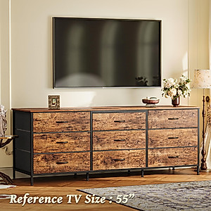 Huuger 9 Drawer Dresser, 63 Inch Dresser TV Stand for 55, 65, 70 Inch TV, Entertainment Center with Drawers, Large Long Fabric Dresser for Bedroom, Closet, Rustic Brown