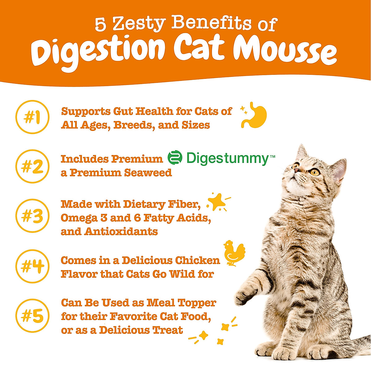 Zesty Paws Cat Mousse Squeezies Puree Cat Treats for Digestion - with Seaweed, Omega Fatty Acids, Antioxidants - Support for Digestive Health Cats - Chicken Flavor - 18 Count