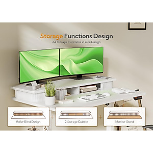 Claiks Standing Desk with Roller Shutter Door, Electric Standing Desk Adjustable Height, Adjustable Standing Desk with Storage Shelves, 48 Inch White