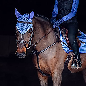 HORZE Glarus Crochet Noise Reduction Insect Protection Horse Ear Net with Elastic Ear Covers - Marlin Blue - Horse