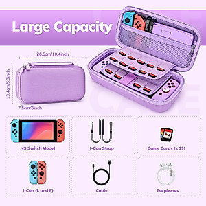 Younik Switch Carrying Case, 16 in 1 Switch Case Accessories Purple for Switch Original Model Includes Switch Travel Case Girls, Protective Case Cover, Screen Protector, Switch Game Case and More