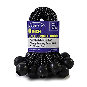 Kotap BB-6B Ball Bungee Cord, Heavy-Duty & Versatile, Indoor & Outdoor, Tarp Tie-Down, Organize & Secure, 6-Inch, Black, 25 Pack