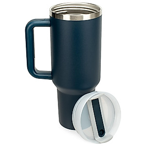 Elanze Designs 40 oz Stainless Steel, Large Water Bottle, Coffee Mug, Spill & Leak Resistant, Thermal Travel Tumbler With Handle, Lid & Straw, Navy Blue