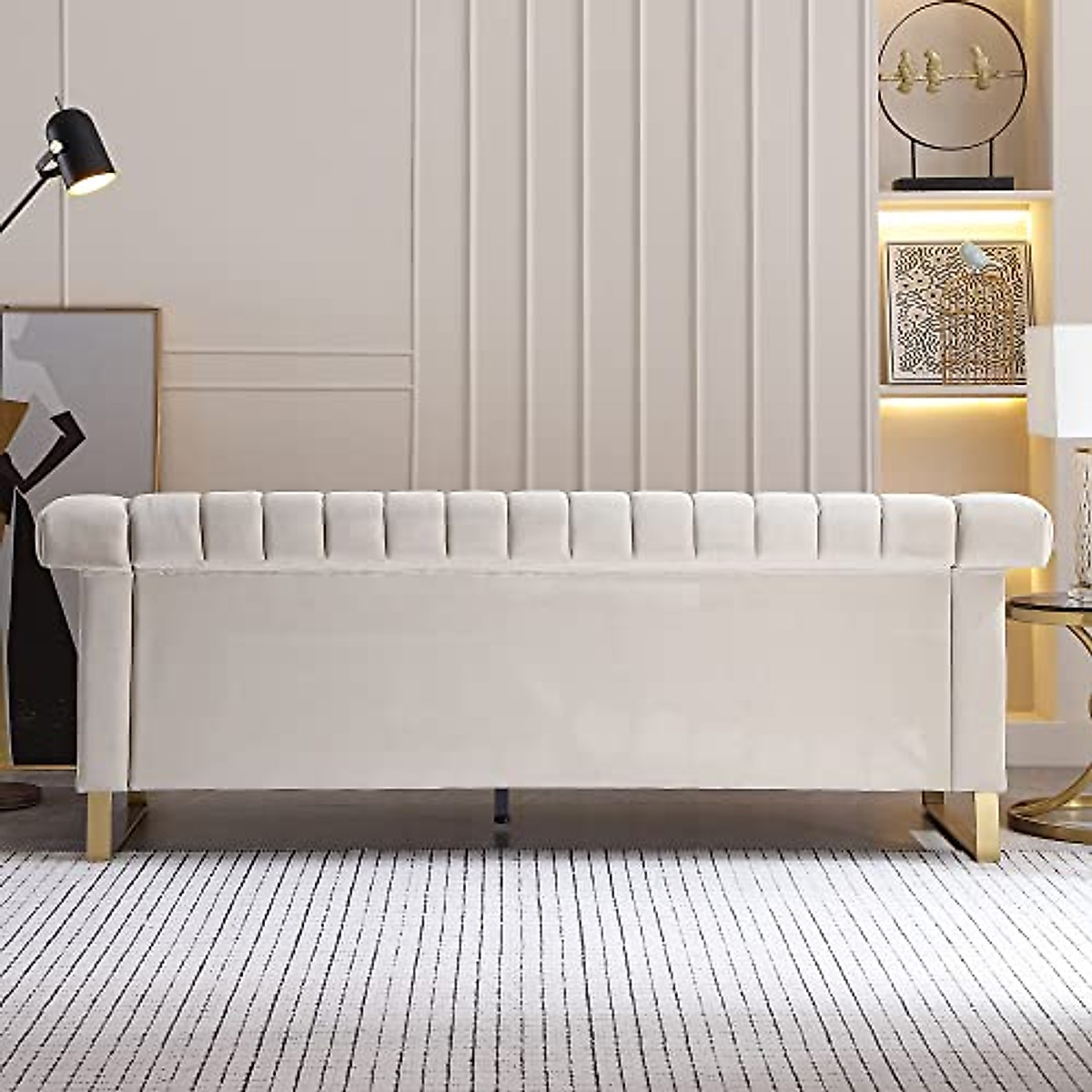 SLEERWAY Beige Velvet Couch Sofa, 84 Wide Mid-Century Modern Love Seat Tufted Chesterfield Velvet Sofa Loveseat Futon with Curved Arm Gold Leg, 3 Seat Large Comfy Couches Sofas for Livingroom (Beige)