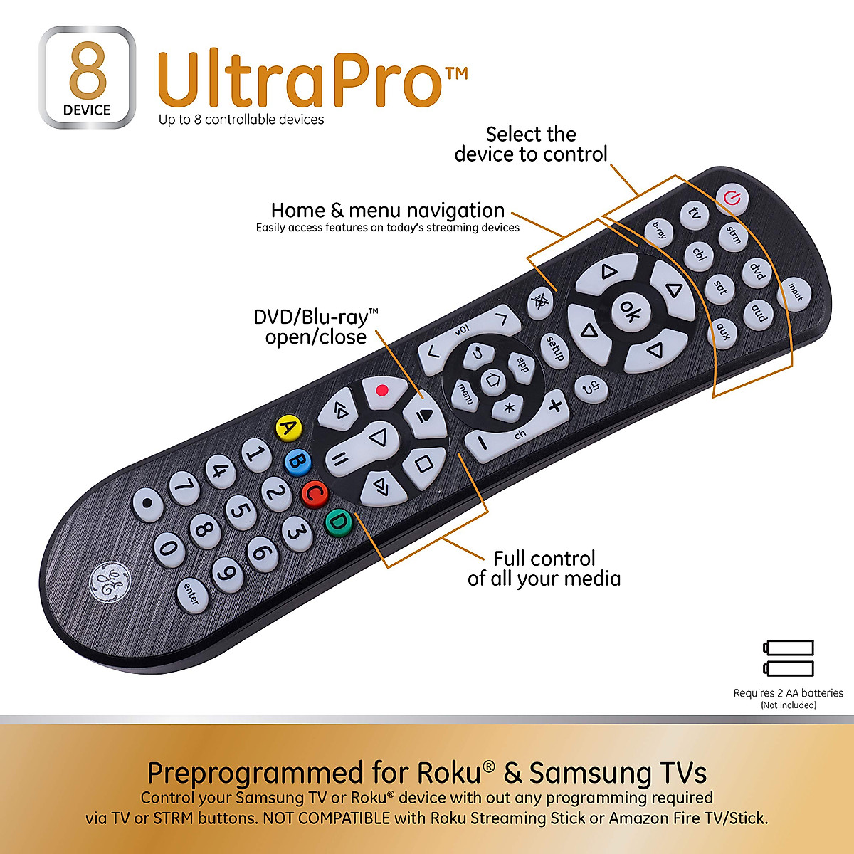 GE UltraPro Backlit Universal Remote Control, Samsung TV Remote, Universal TV Remote for Roku TV, Vizio, LG, Sony, Sharp, Apple TV, Smart TVs, Streaming Players, Blu-ray, DVD, 8-Device, Black, 41567