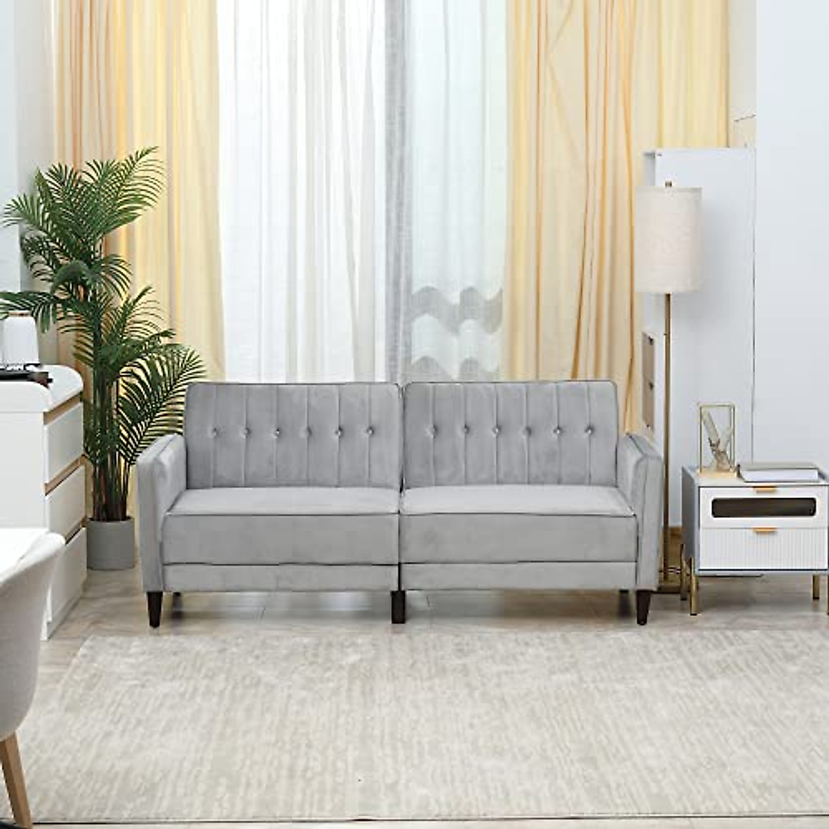 HOMCOM Convertible Sleeper Sofa, Futon Sofa Bed with Split Back Design Recline, Thick Padded Velvet-Touch Cushion Seating and Wood Legs, Light Grey