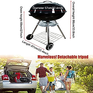 SRHMYWBW 22 Inch Round Kettle Charcoal Grill Portable Charcoal Grill with Wheels Plated Steel Grates Charcoal BBQ Grill for Outdoor Camping Picnic Patio Backyard Grilling Black