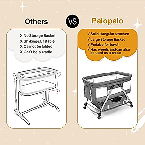 Palopalo Portable Bassinet Baby Bassinet Bedside Sleeper 3 in 1 Bedside Crib with Wheels Co Sleeper for Newborn,Adjustable Height, Comfortable Mattress and A Large Storage Basket Included, Grey