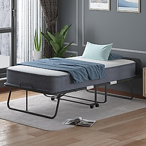 Mjkone Folding Bed with 5 Inch Memory Foam Mattress, Single Rollaway Bed for Guests, Space Saving Portable Bed with Lockable Wheels, Easy Assembly & Moving, 75 x 31 (Upgraded)