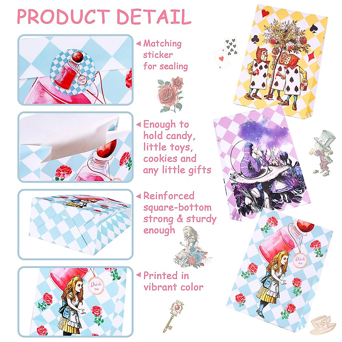 Htabiol Alice in Wonderland Gift Bags For Party, 24Pcs Alice in Wonderland Goodie Bags, Alice in Wonderland Party Favors Bags, Fit for Alice in Onederland 1st Birthday, Mad Hatter Tea Party Decor