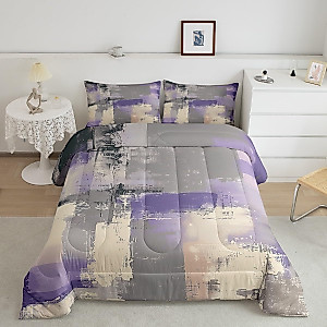 Erosebridal Purple Grey Comforter Sets for Kids Boys Girls Teens,Oil Painting Bedding Set Queen,Grunge Ombre Duvet Insert,Watercolor Artwork Down Comforter with 2 Pillow Shams All Season Soft