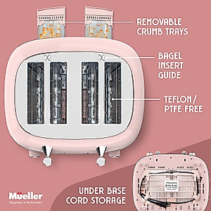 Mueller Retro Toaster 4 Slice with Extra Wide Slots Bagel, Defrost, and Cancel Function, 6 Browning Levels, Dual Independent Controls, Removable Crumb Tray and High Lift Levers, Pink