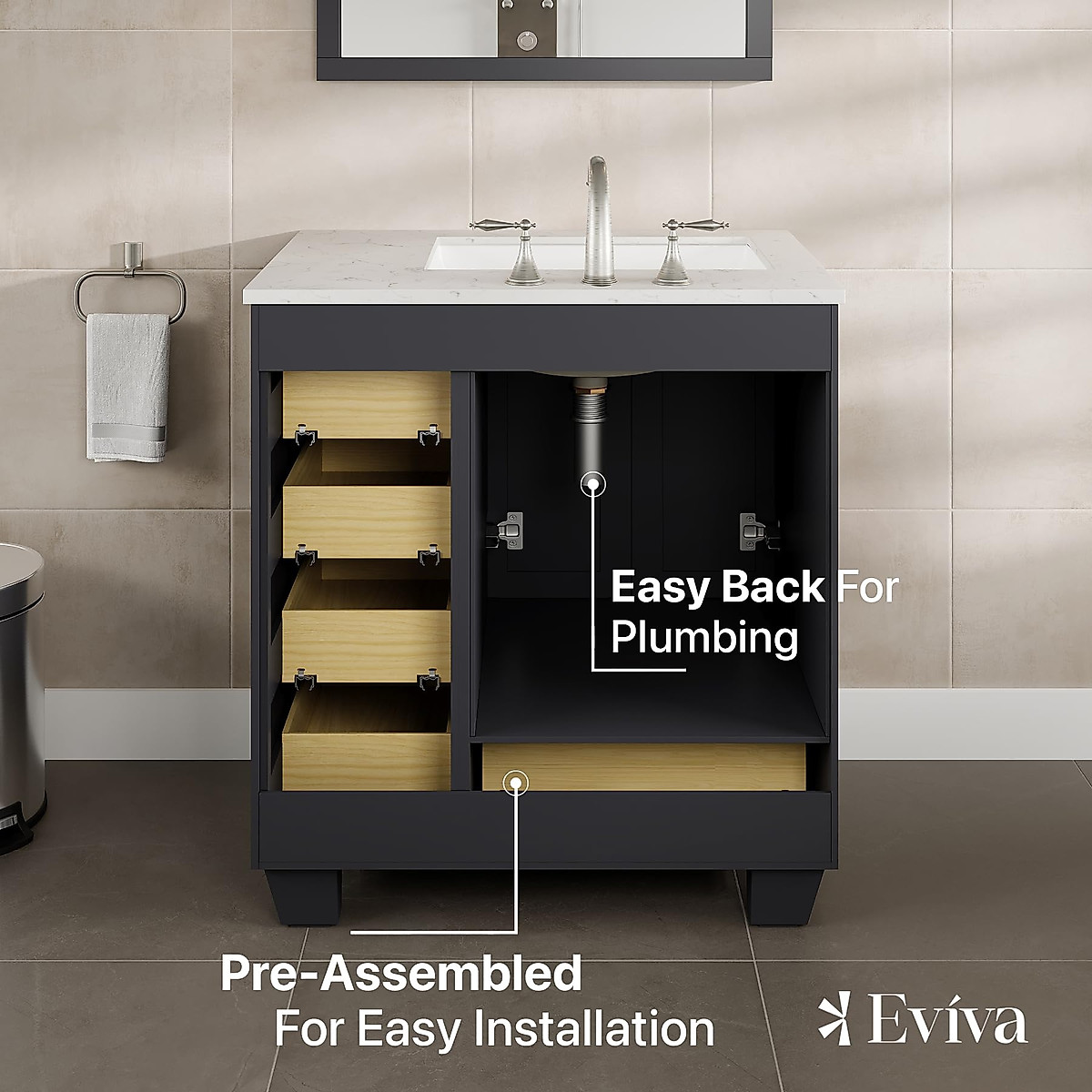Eviva Acclaim 30 x 22 Inch Bathroom Sink Vanity Dark Grey Single Sink w/Carrara Quartz Top Modern Bathroom Vanity and Sink for Contemporary - Small Bathroom Sink Cabinet w/Soft Closing Drawers