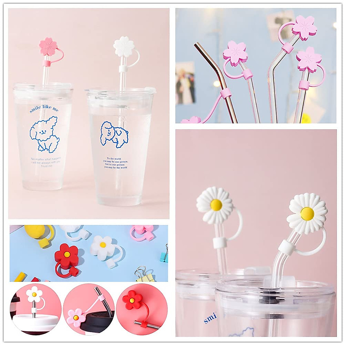 Beyonday 9pcs Silicone Flower Shape Straw Cover Cap Kit, Reusable Drinking Dust Plugs Set Cartoon Cherry Blossom Daisy Sunflowers Shape Spill Proof Straw Tips Cover Cup Stopper Cup Accessories