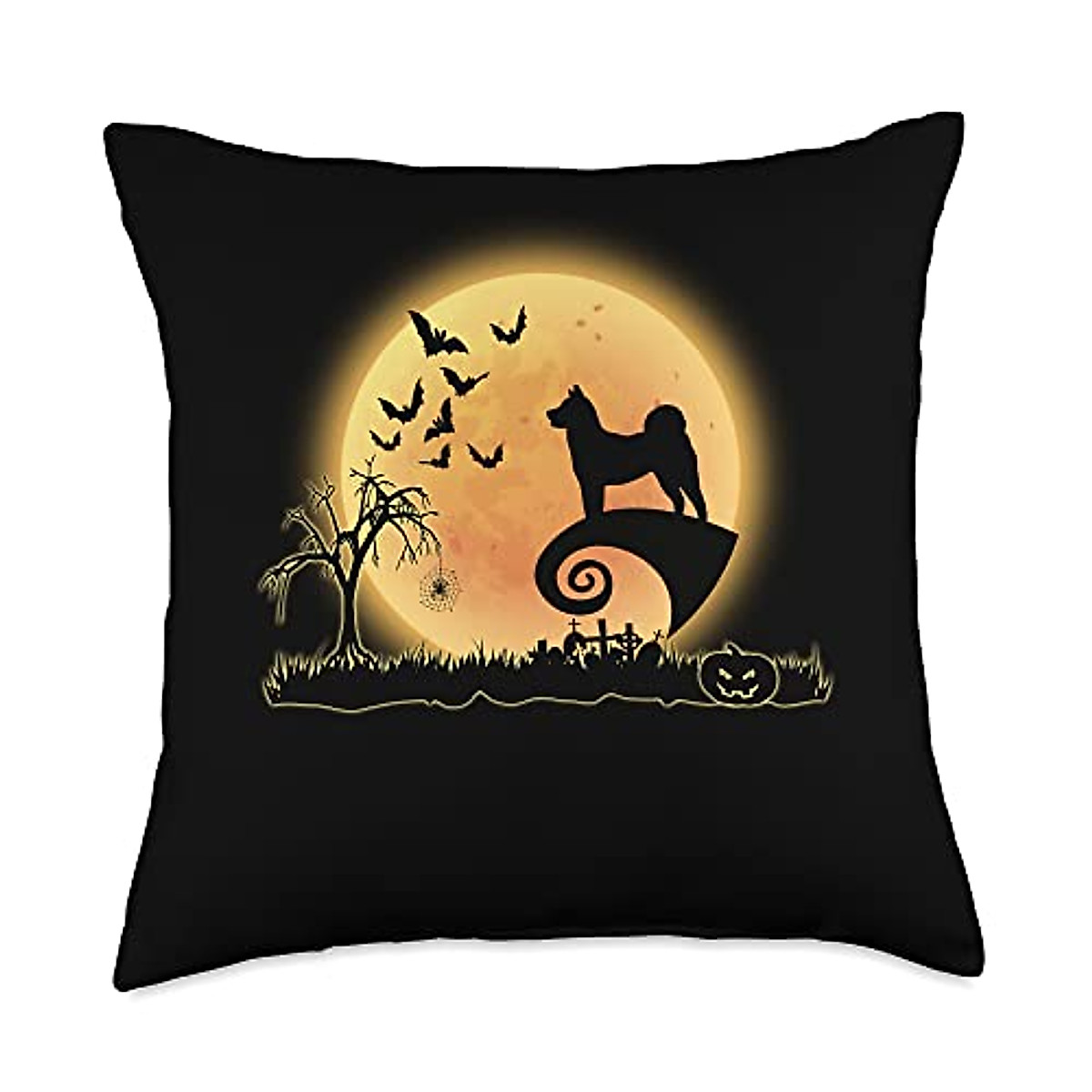 Akita Inu Dog Scary Halloween Costume Akita Inu Dog Scary and Moon Funny Puppy Halloween Costume Throw Pillow, 18x18, Multicolor